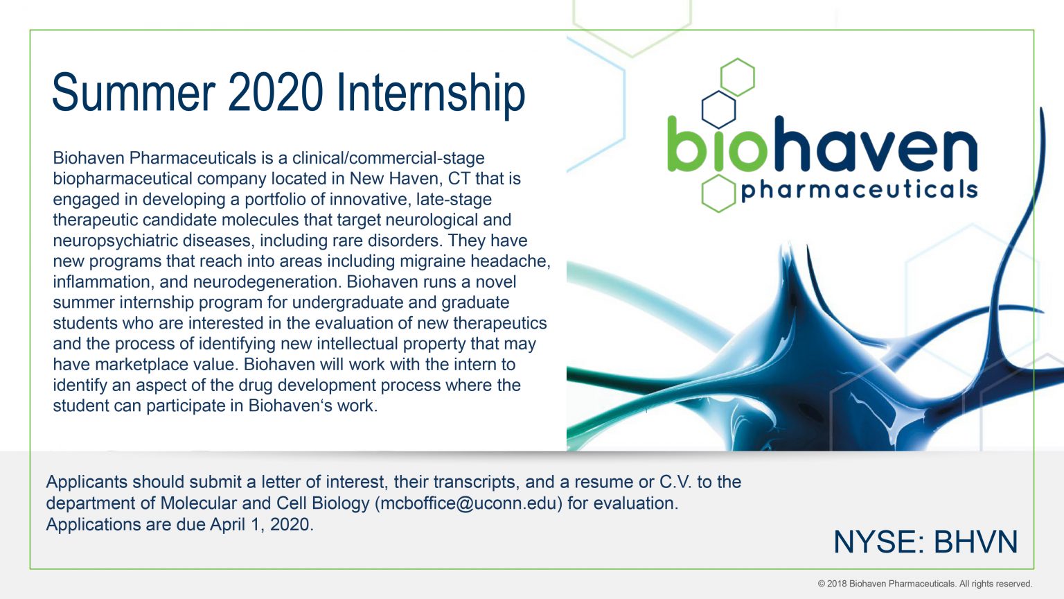 Internship Opportunity - Biohaven Pharmaceuticals | Department of ...